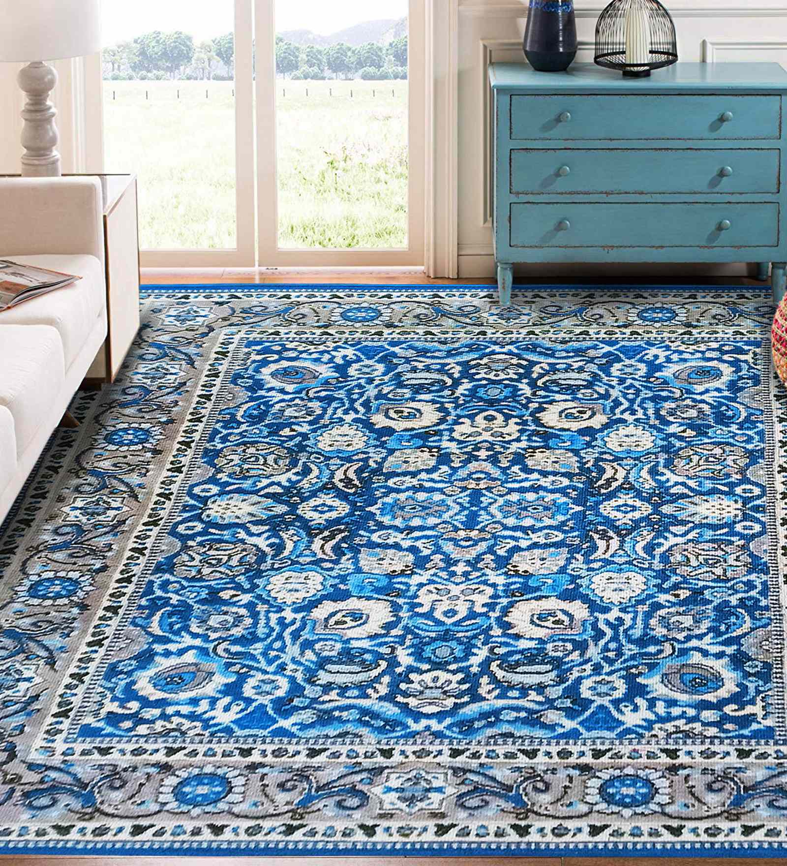 Buy Blue Persian Polyester 3 ft x 5 ft Machine Made Carpet by Status at ...