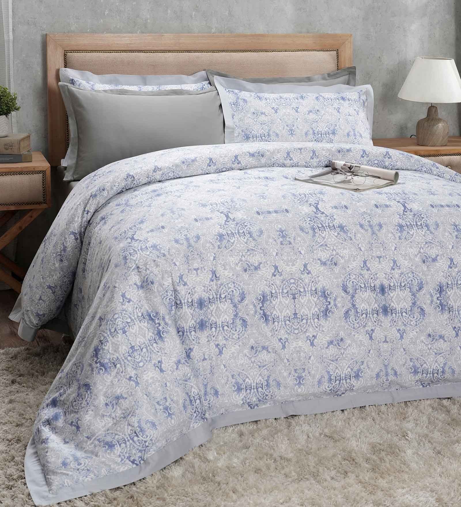 Buy Blue Patterned Cotton Double Bed Duvet Cover with 2 Pillow Covers ...