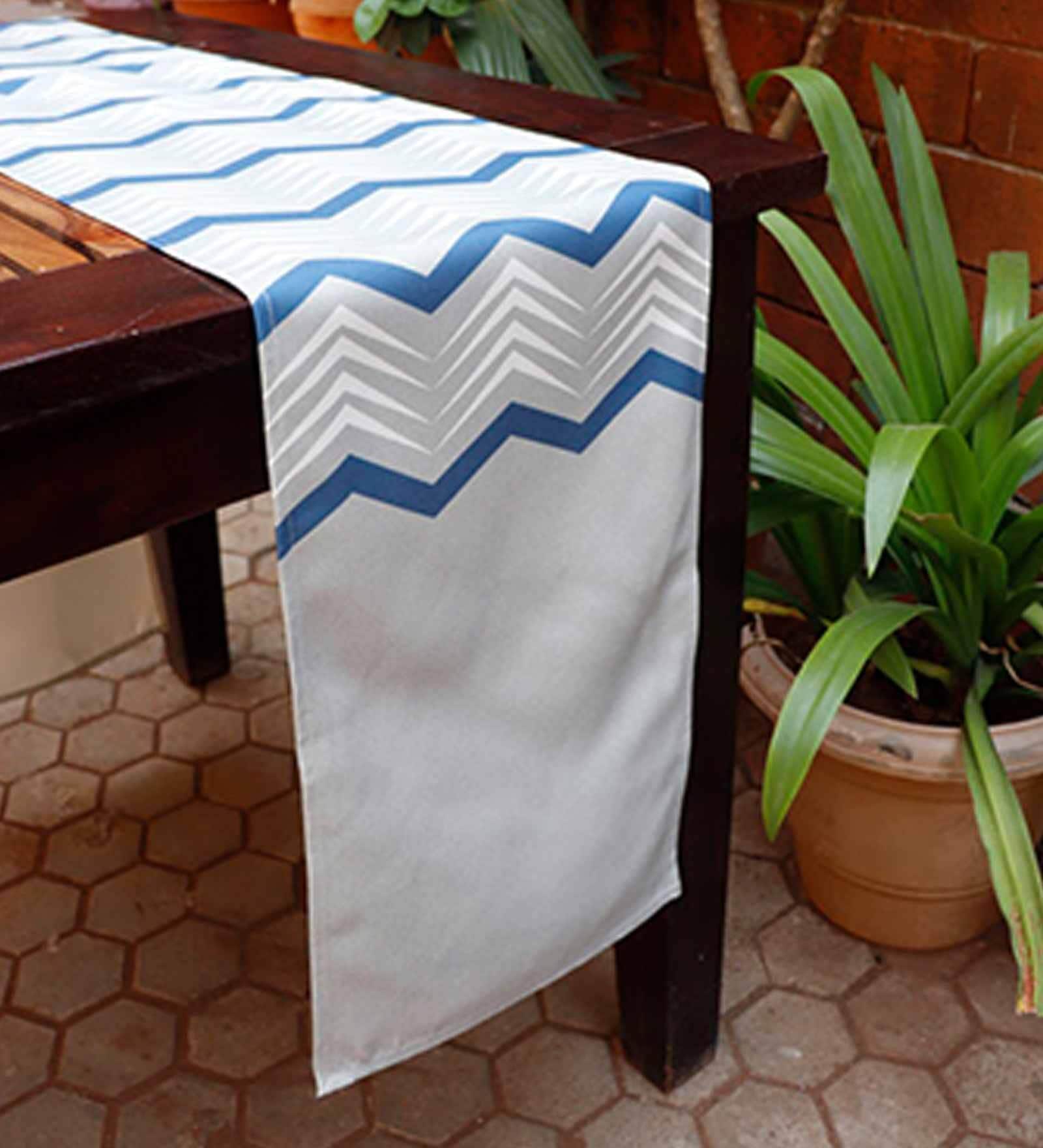Buy Moonglade (12x84) White & Blue Polycanvas Table Runner at 100% OFF ...