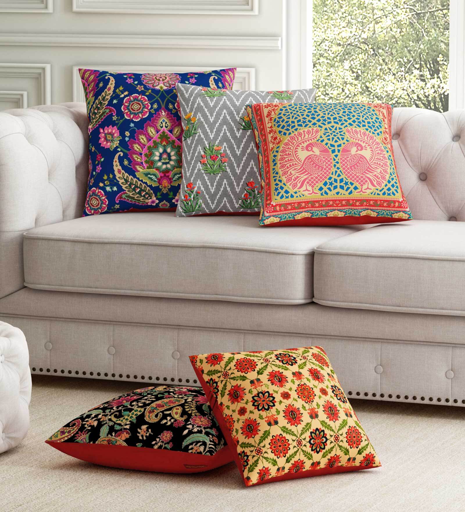 Buy Blue Traditional Poly Cotton 16 x 16 Inches Cushion Cover (Set of 5 ...