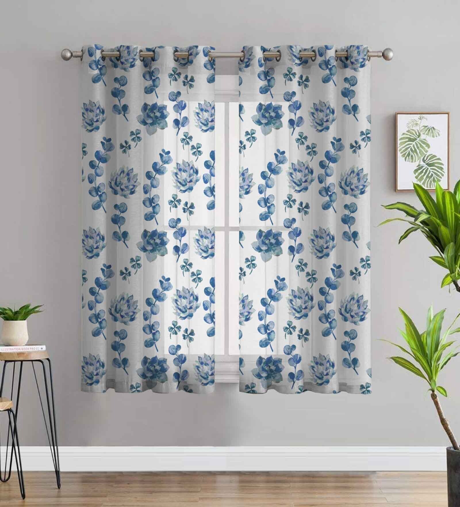 Buy Blue Polyester Floral 5Ft Sheer Eyelet Window Curtains (Pack of 2 ...