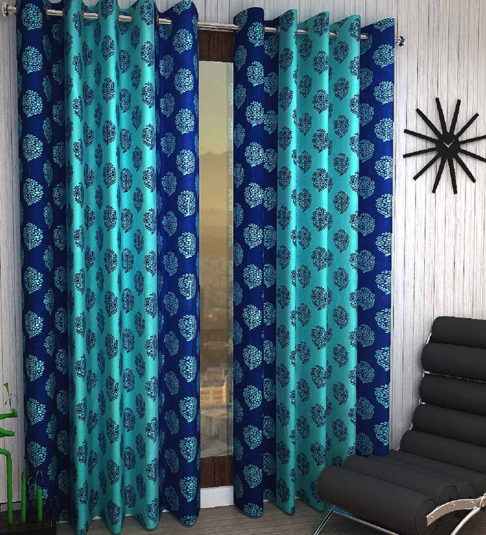 Buy Blue Polyester Floral 7ft Semisheer Eyelet 2 Pcs Door Curtains at ...