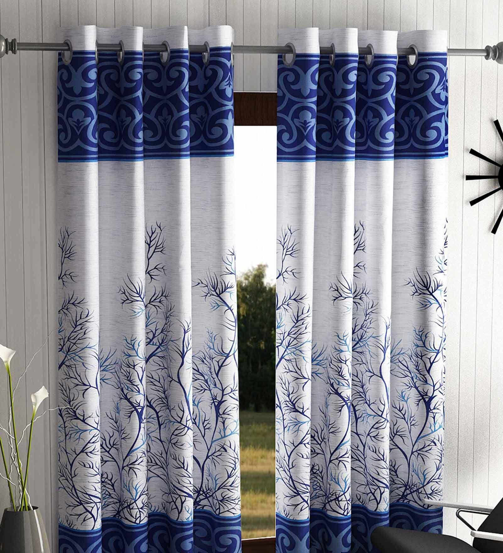 Buy Blue Polyester Floral Curtain 9ft Semisheer Eyelet Long Door by ...
