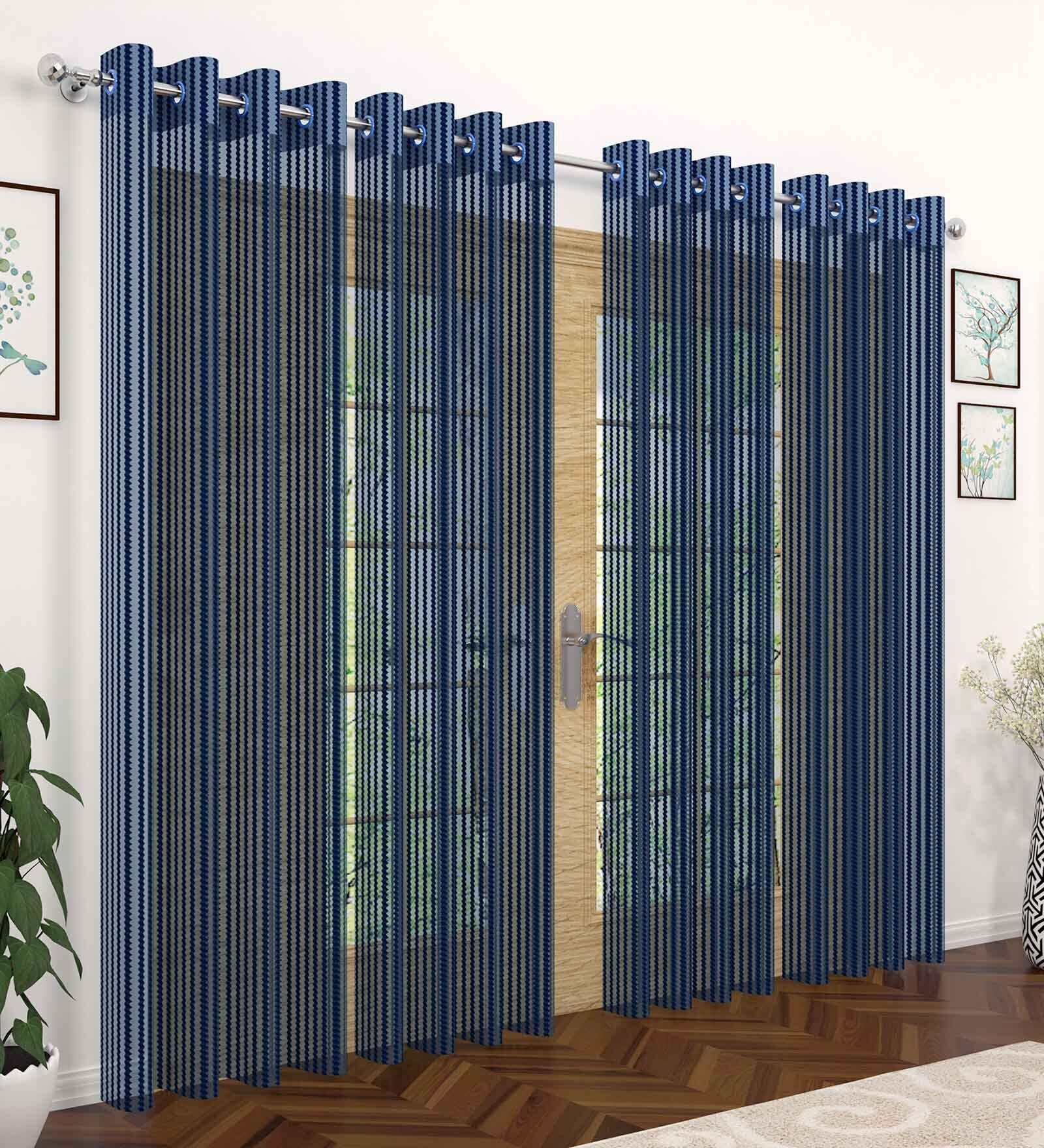 Buy Blue Polyester Geometric 7 Ft Sheer Eyelet Door Curtains (Set of 4 ...