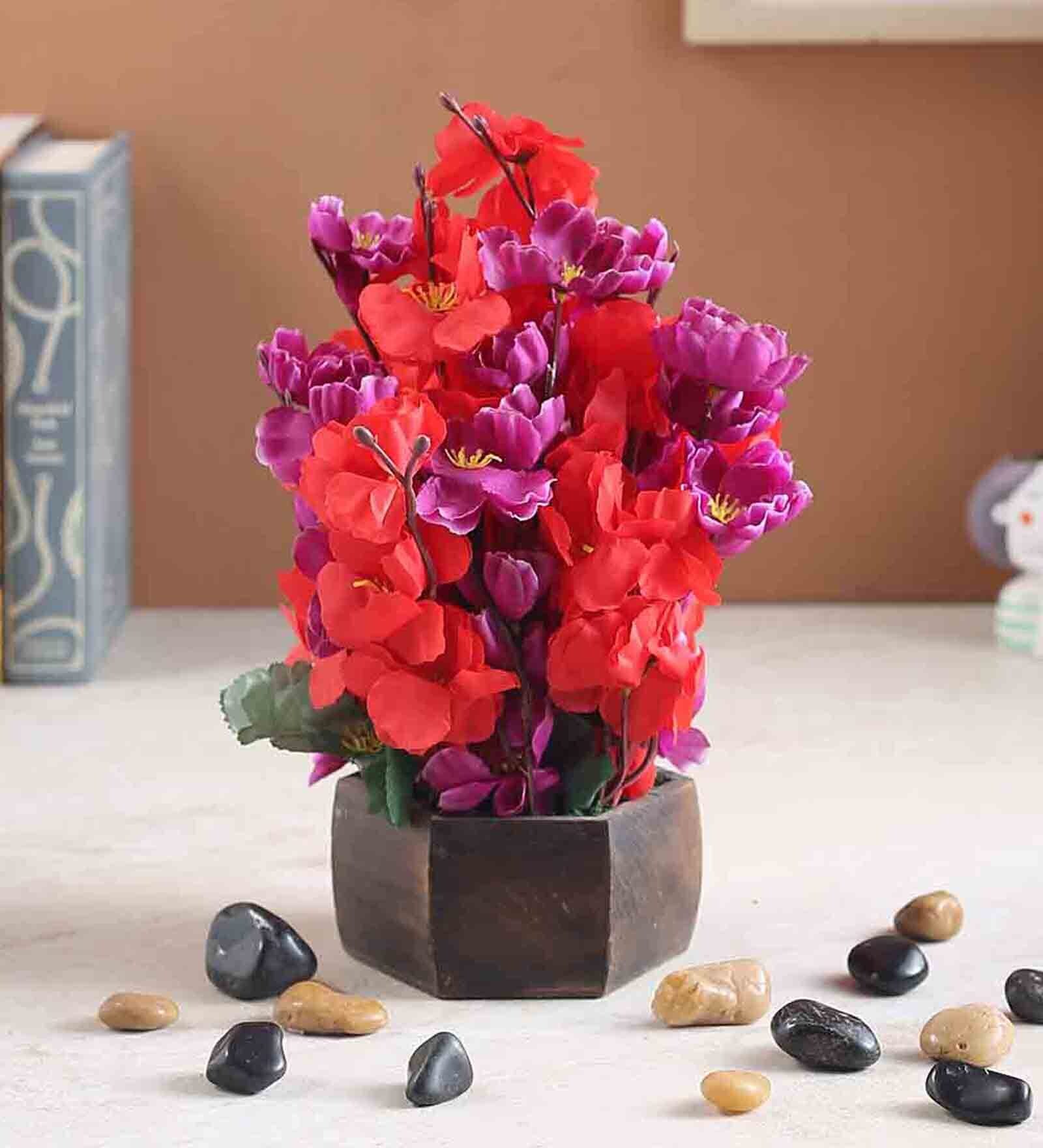 Buy Blue Polyster Artificial Beads Leaves Flowering Plant With Wooden ...