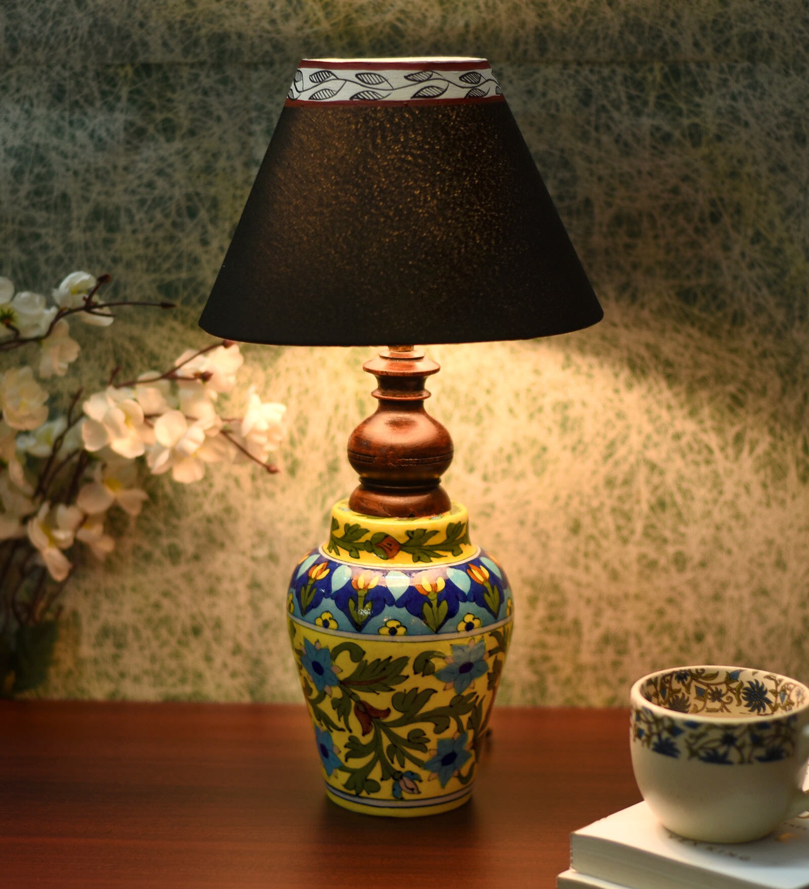 Buy Blue Pottery Mugal Art Ceramic Matka Black Cotton Shade Table Lamp ...