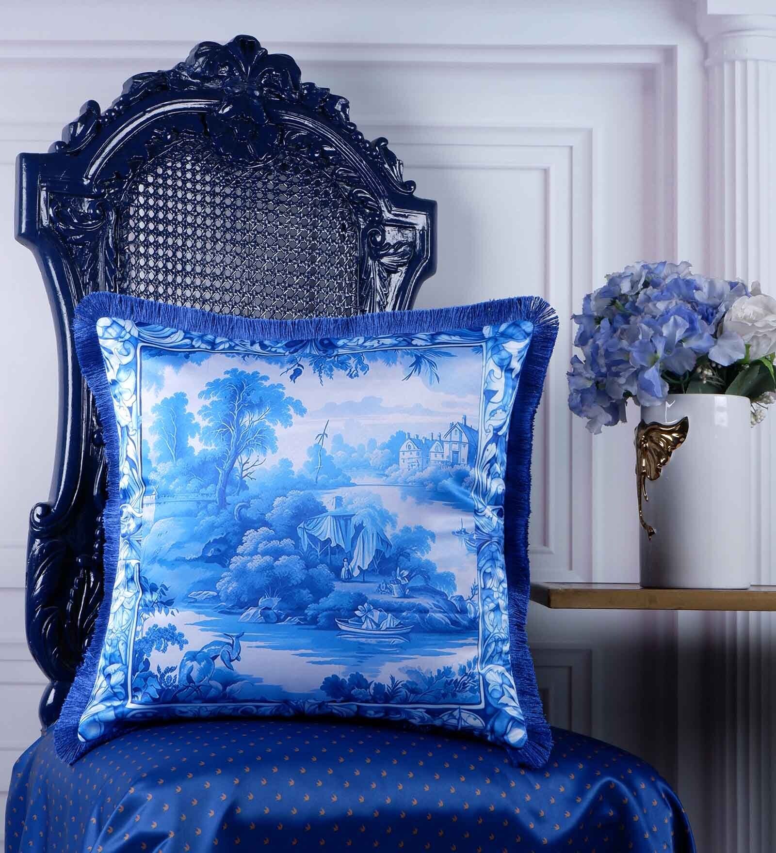 Buy Blue Satin Floral 16x16 inches Cushion Covers (1Pc) by The White ...