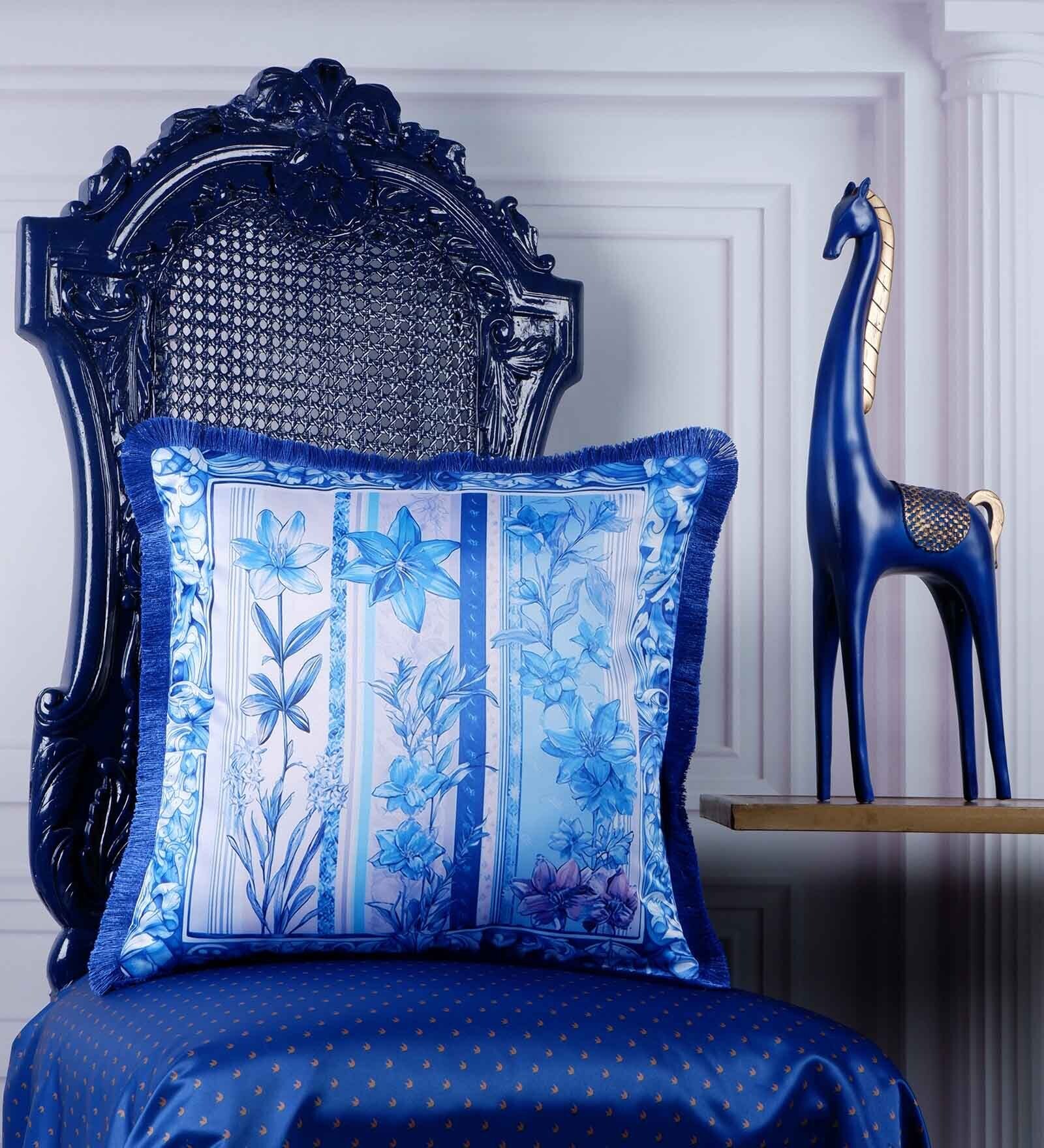 Buy Blue Satin Floral 16x16 inches Cushion Covers (1Pc) by The White ...