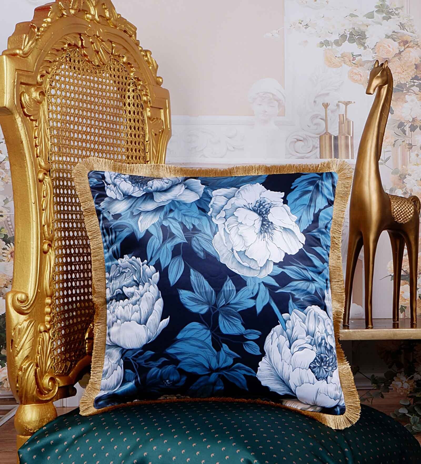 Buy Blue Satin Floral 16x16 inches Cushion Covers (1Pc) by The White ...
