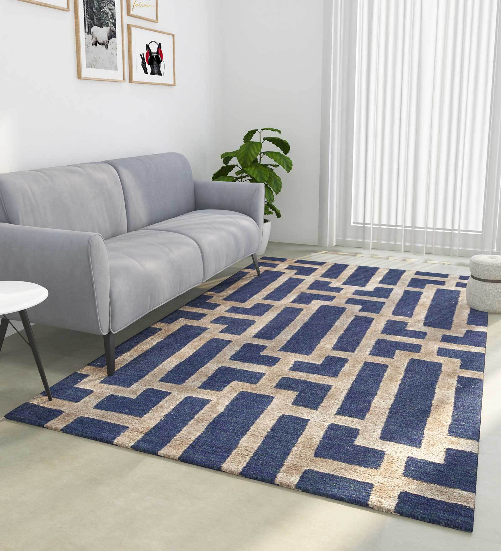 Buy Blue Geometric Wool & Viscose 8 ft x 10 ft Hand Tufted Carpet at 20 ...
