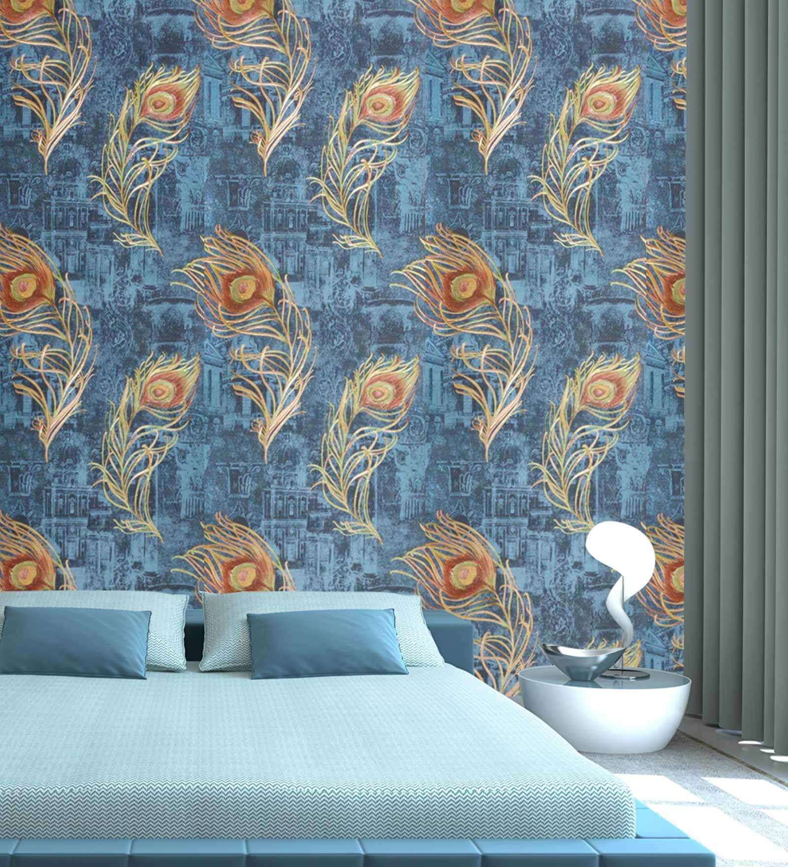 Buy Blue Peacock Feather Textured Pattern Wallpaper By Konark Decor ...