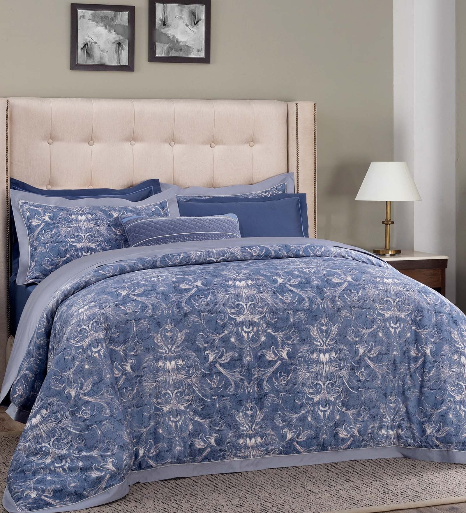 Buy Blue Traditional 210 TC 100% Cotton (Set of 7) Double Bed Bedding ...