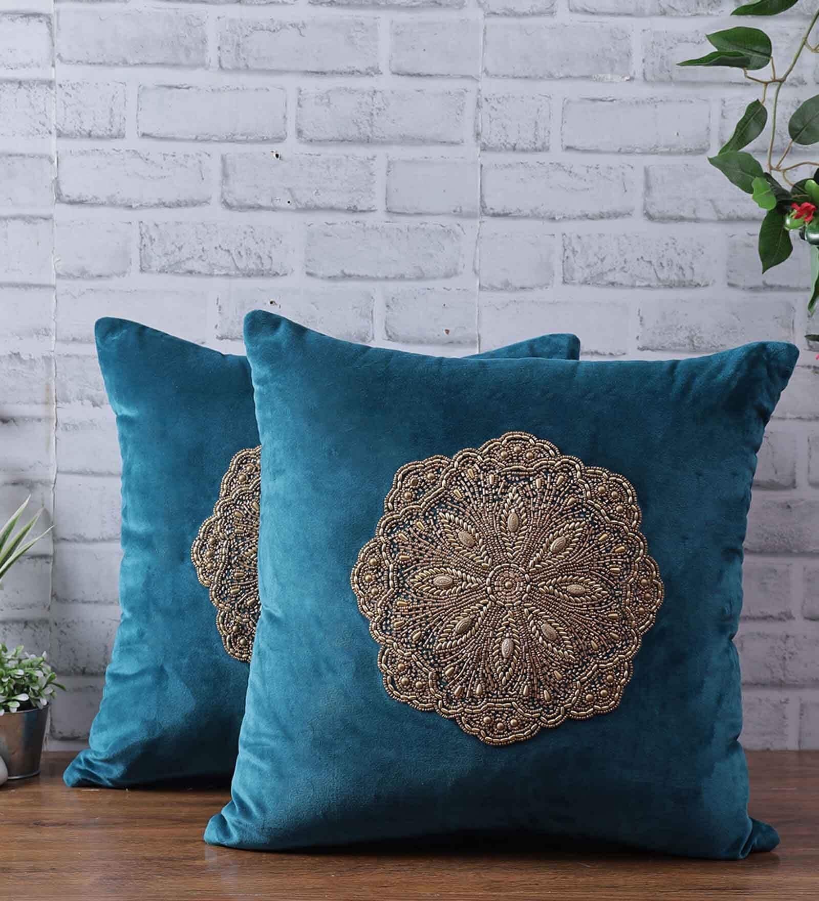 Buy Blue Velvet Textured 18x18 inches Cushion Covers (Pack of 2) at 47% ...