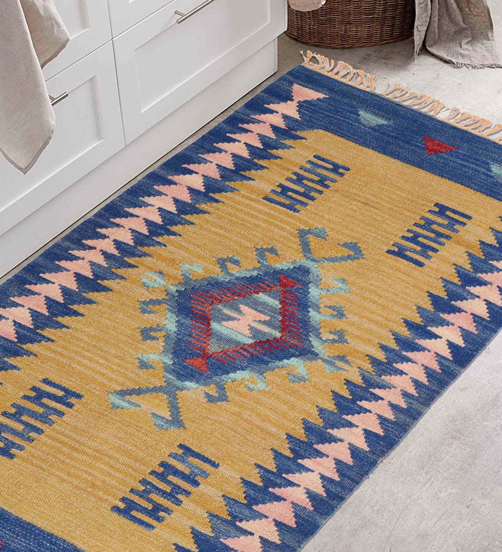 Buy Blue Wool & Jute Hand Woven 3 X 5 Feet Dhurrie By Art India at 32% ...