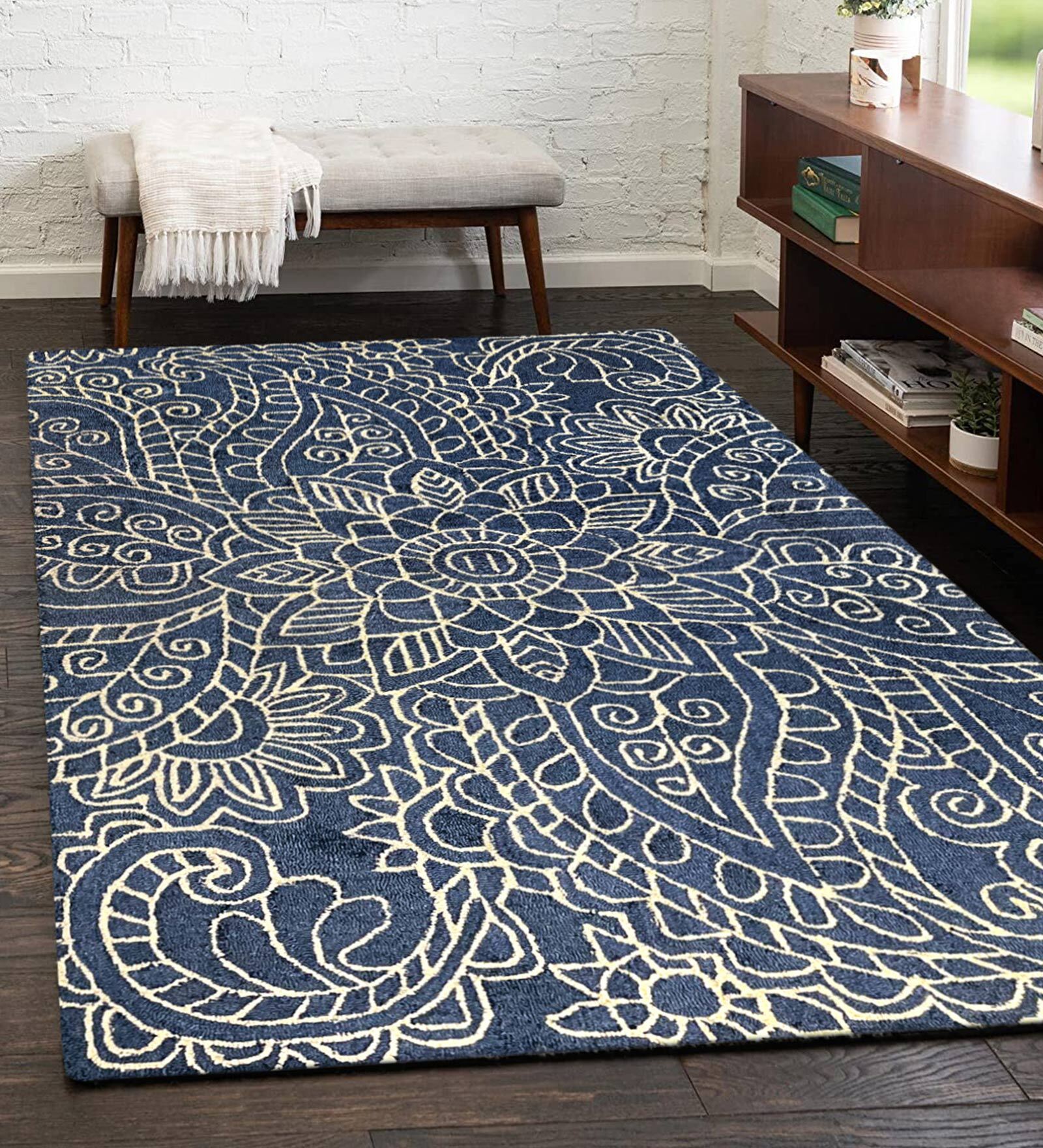 Buy Blue Floral Wool 5 ft x 7 ft Hand Tufted Carpet at 10% OFF by ...