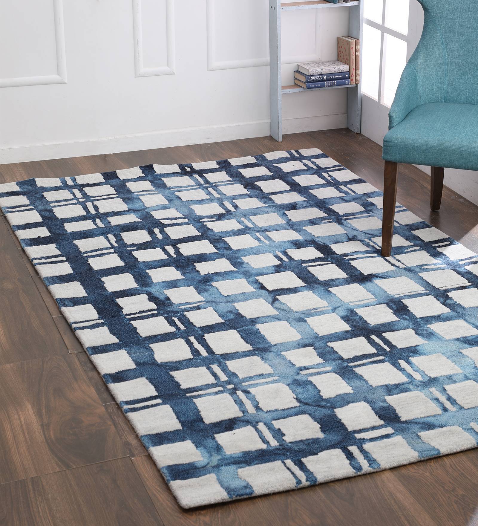 Buy Blue Geometric Hand Tufted Wool Carpet 8 x 5 feet by Obeetee at 30% ...