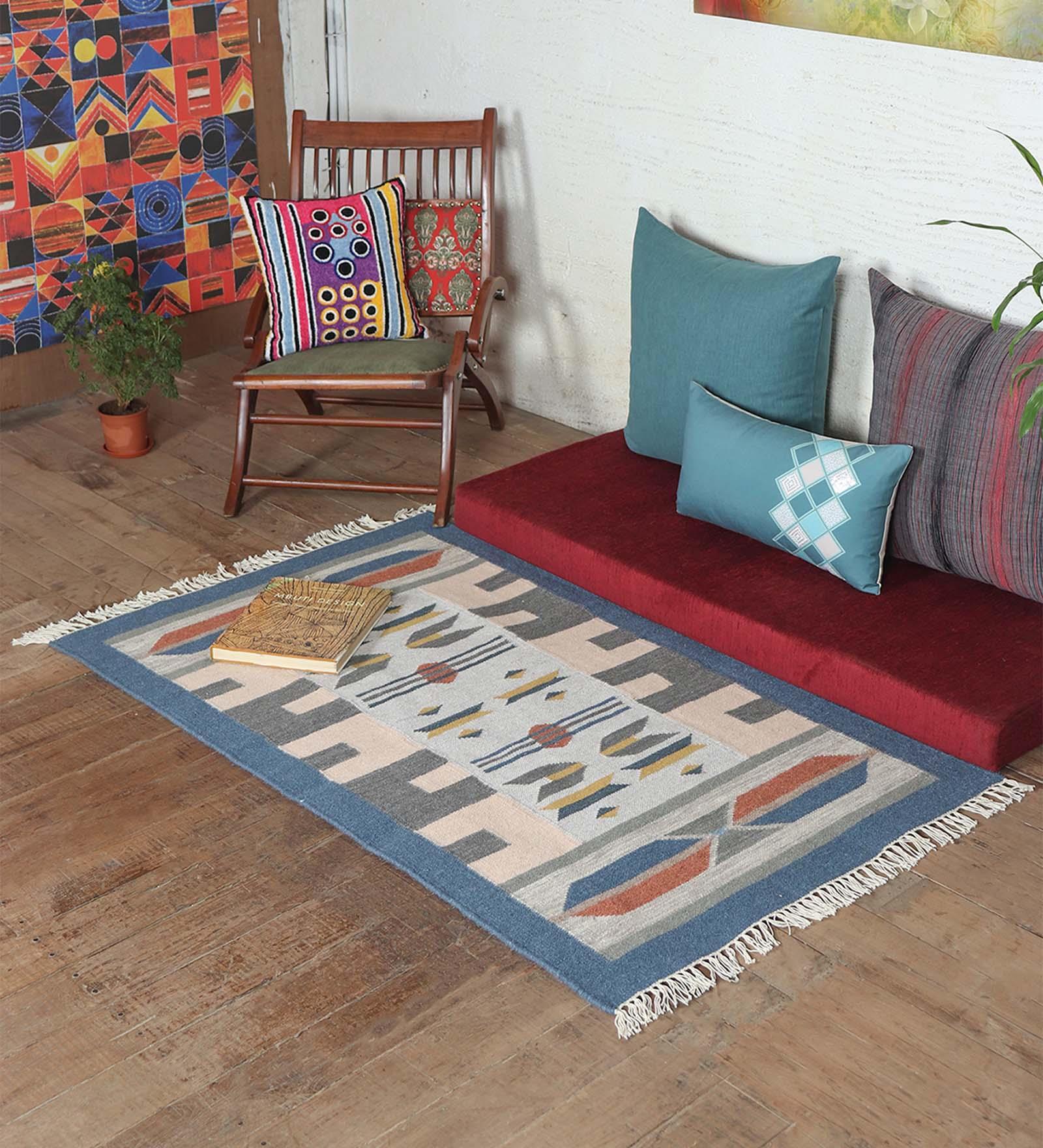 Buy Blue Wool Traditional 3 x 5 Feet Dhurrie by Zeba | Pepperfry