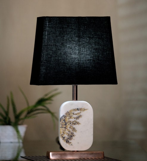 Buy White Fabric Shade Marble Table LED Lamp With Antique Copper Base ...