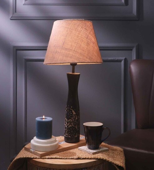 Buy Floral Impressed E27 Holder Wooden Base Table Lamp (Black Base ...