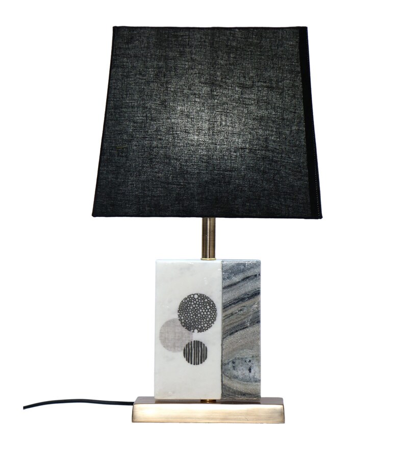 Buy Black Fabric Shade Marble Table LED Lamp With Antique Brass Base By ...