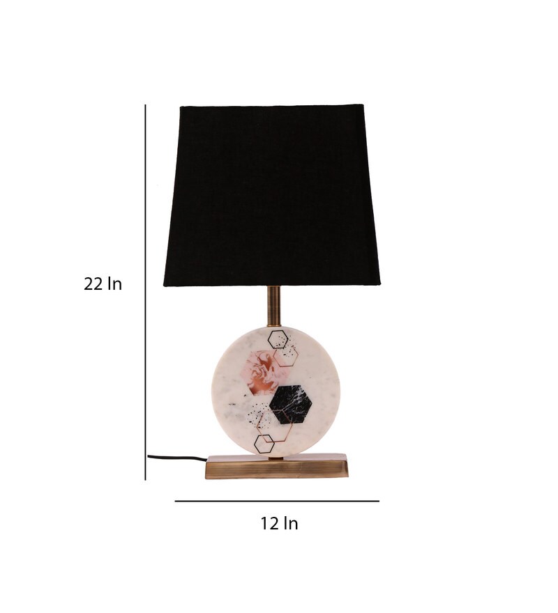 Buy Black Fabric Shade Marble Table LED Lamp With Antique Brass Base By ...
