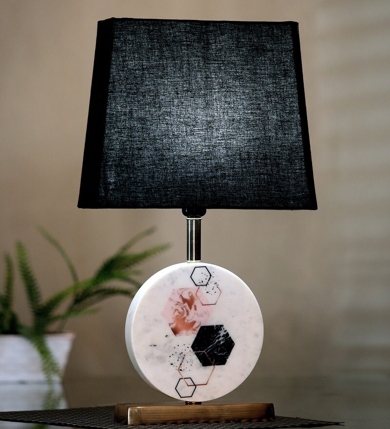 Buy Black Fabric Shade Marble Table LED Lamp With Antique Brass Base By ...
