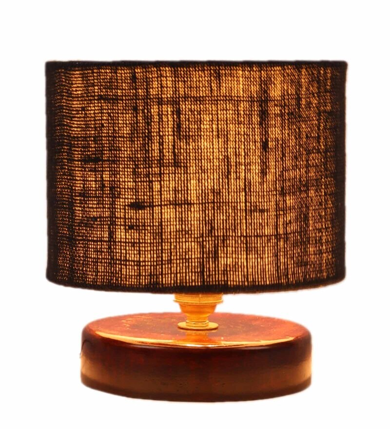 Buy Black Jute Table Lamp With Wood Brown Base By New Era Online - Wood ...