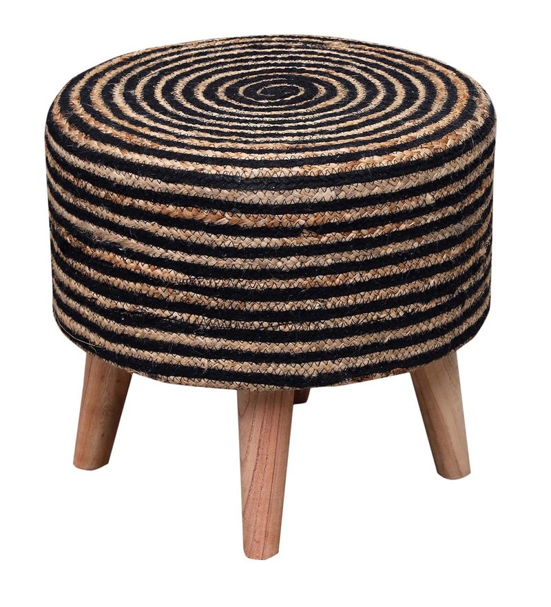Buy Jute Fabric Seating Stool in Black & Natural Colour Online ...