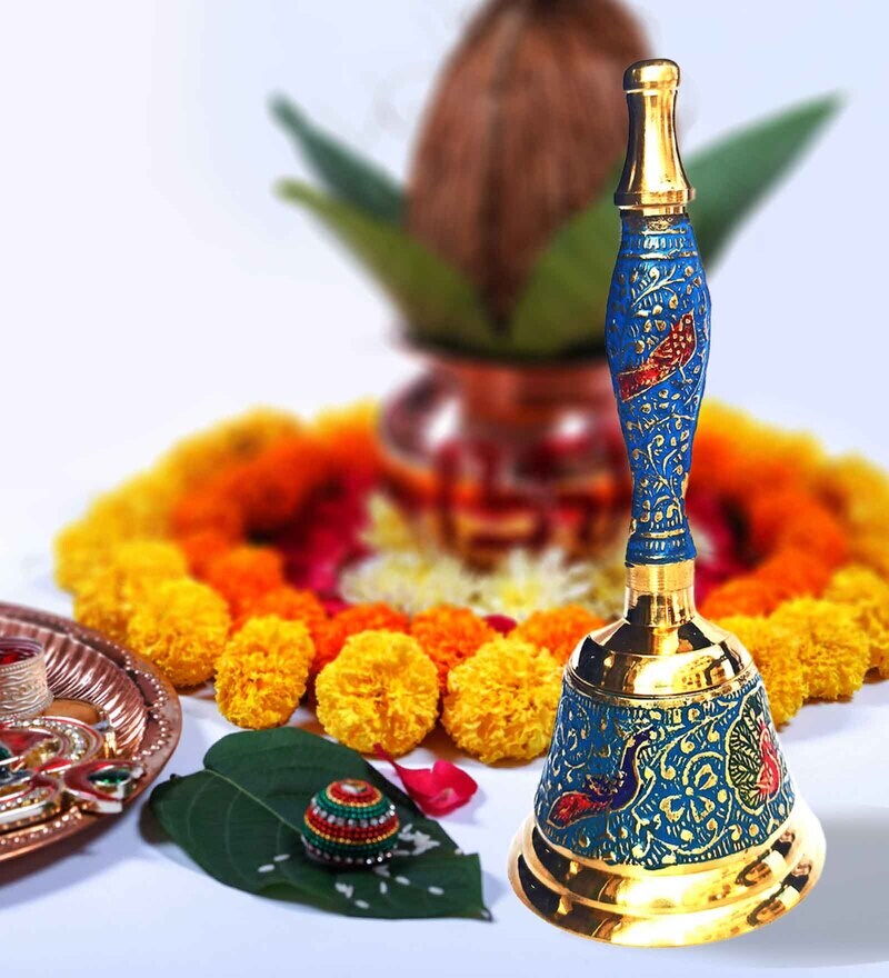 Buy Blue Brass Meenkari Work Bell with Handle by Wens Online - Bells ...