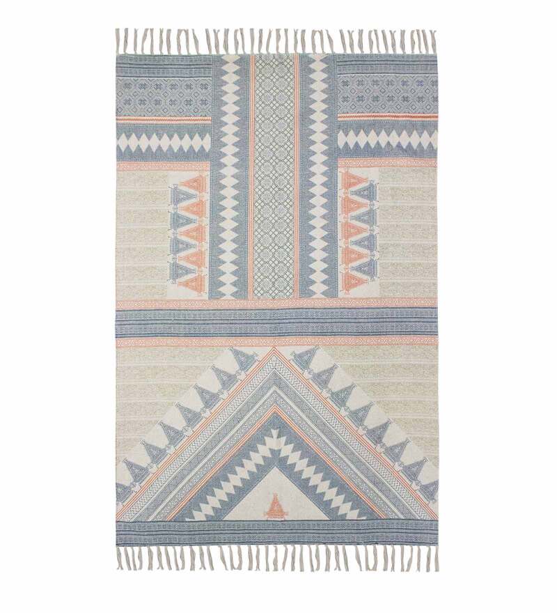 Buy Blue Geometric Cotton 4 ft x 6 ft Machine Made Carpet by Art India ...