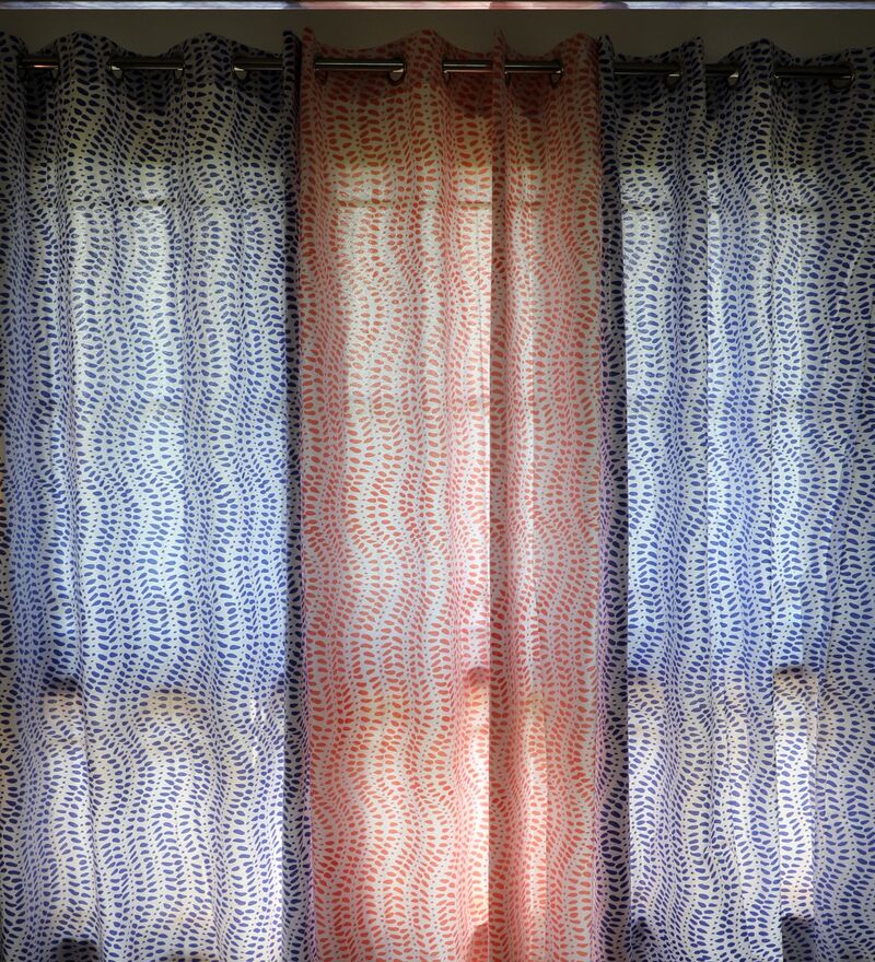 Buy Blue Cotton Geomatric 7ft Semisheer Eyelet 2 Pc Door Curtain by ...