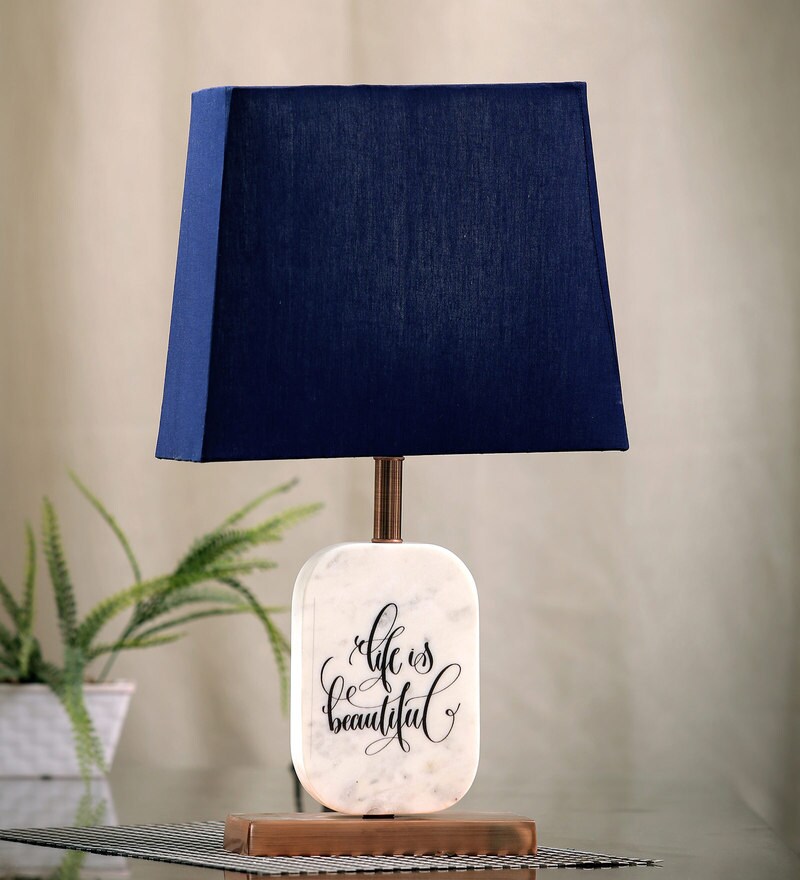 Buy Blue Fabric Shade Marble Table LED Lamp With Antique Copper Base By ...