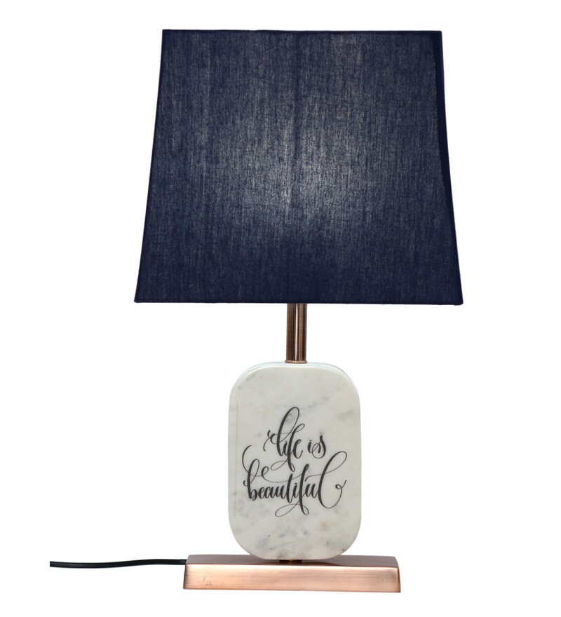Buy Blue Fabric Shade Marble Table LED Lamp With Antique Copper Base By ...