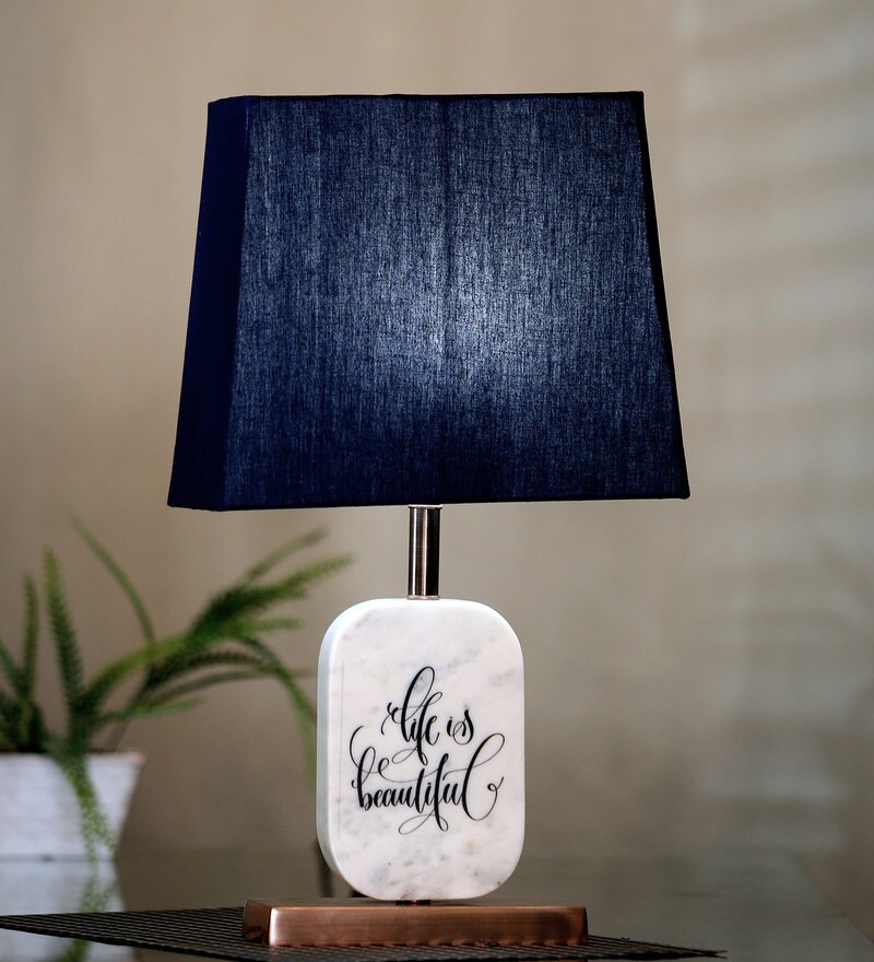 Buy Blue Fabric Shade Marble Table LED Lamp With Antique Copper Base By ...