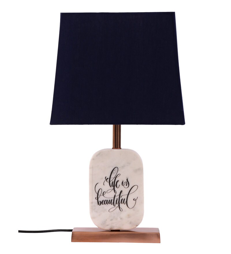 Buy Blue Fabric Shade Marble Table LED Lamp With Antique Copper Base By ...
