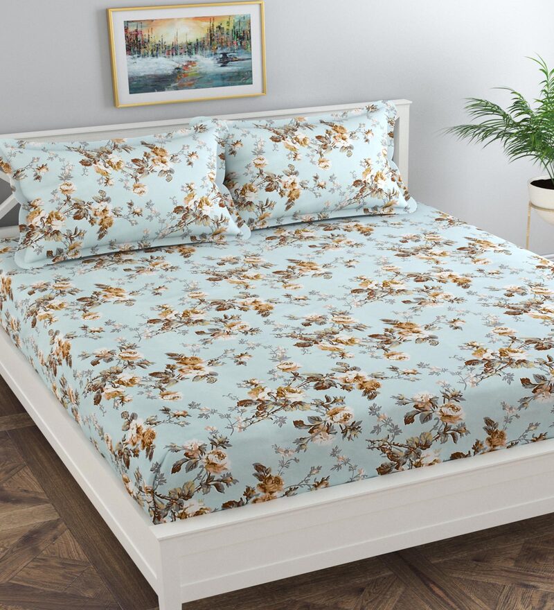 Buy Blue Floral 130 TC Poly Cotton King Sized Bed Sheets with 2 Pillow ...