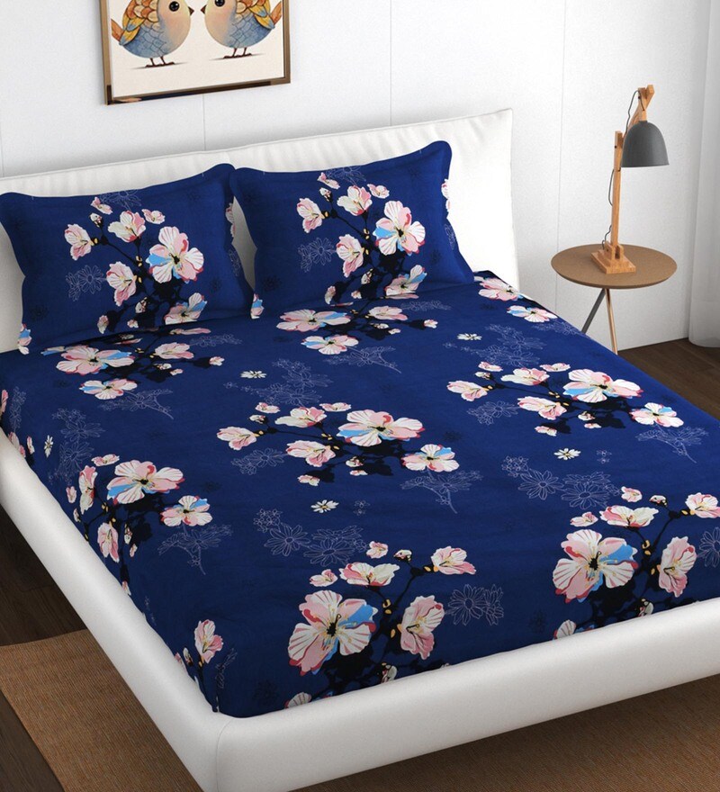 Buy Blue Floral 144 TC Poly Cotton King Sized Fitted Bed Sheets with 2 ...