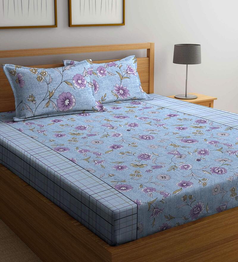 Buy Blue Floral 300 TC Cotton1 Double Bedsheet with 2 Pillow Covers by ...