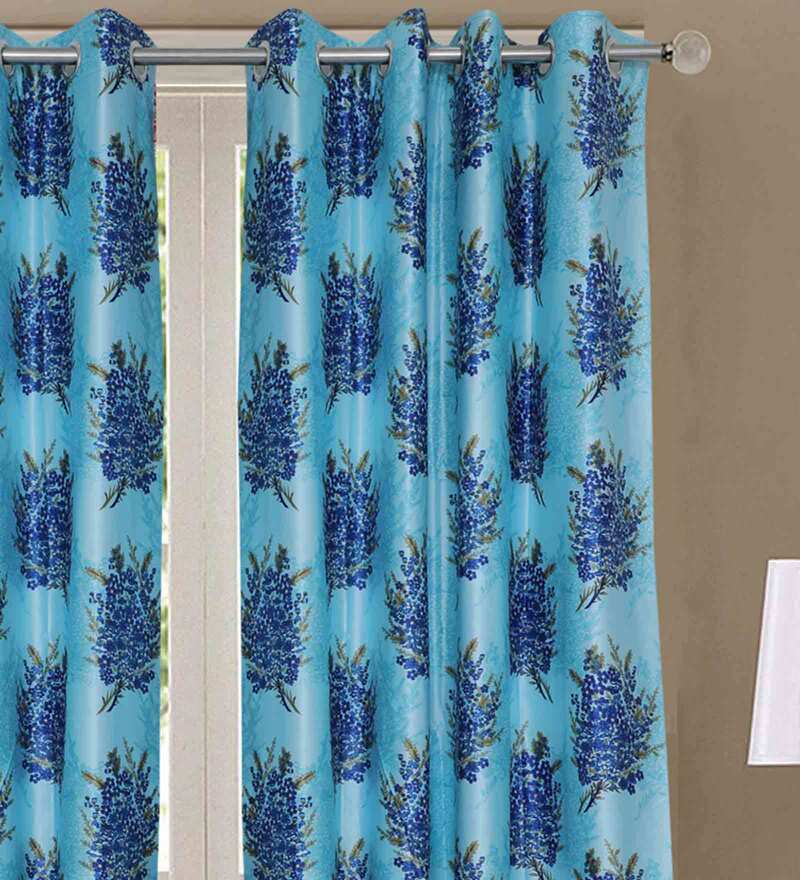 Buy Blue Polyester Floral 8ft Sheer Eyelet 2 Pc 3D Door Curtains By Exporthub Online - Floral ...