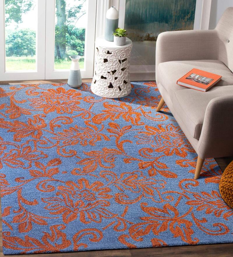 Buy Blue Wool Floral 5 ft x 8 ft Hand Tufted Carpet by QAALEEN Online ...