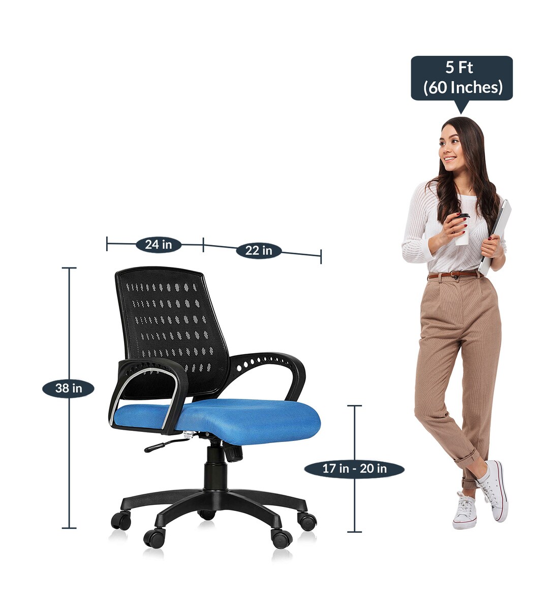 Buy Boom Ergonomic Chair In Blue Colour By Da Urban Online - Mid Back ...