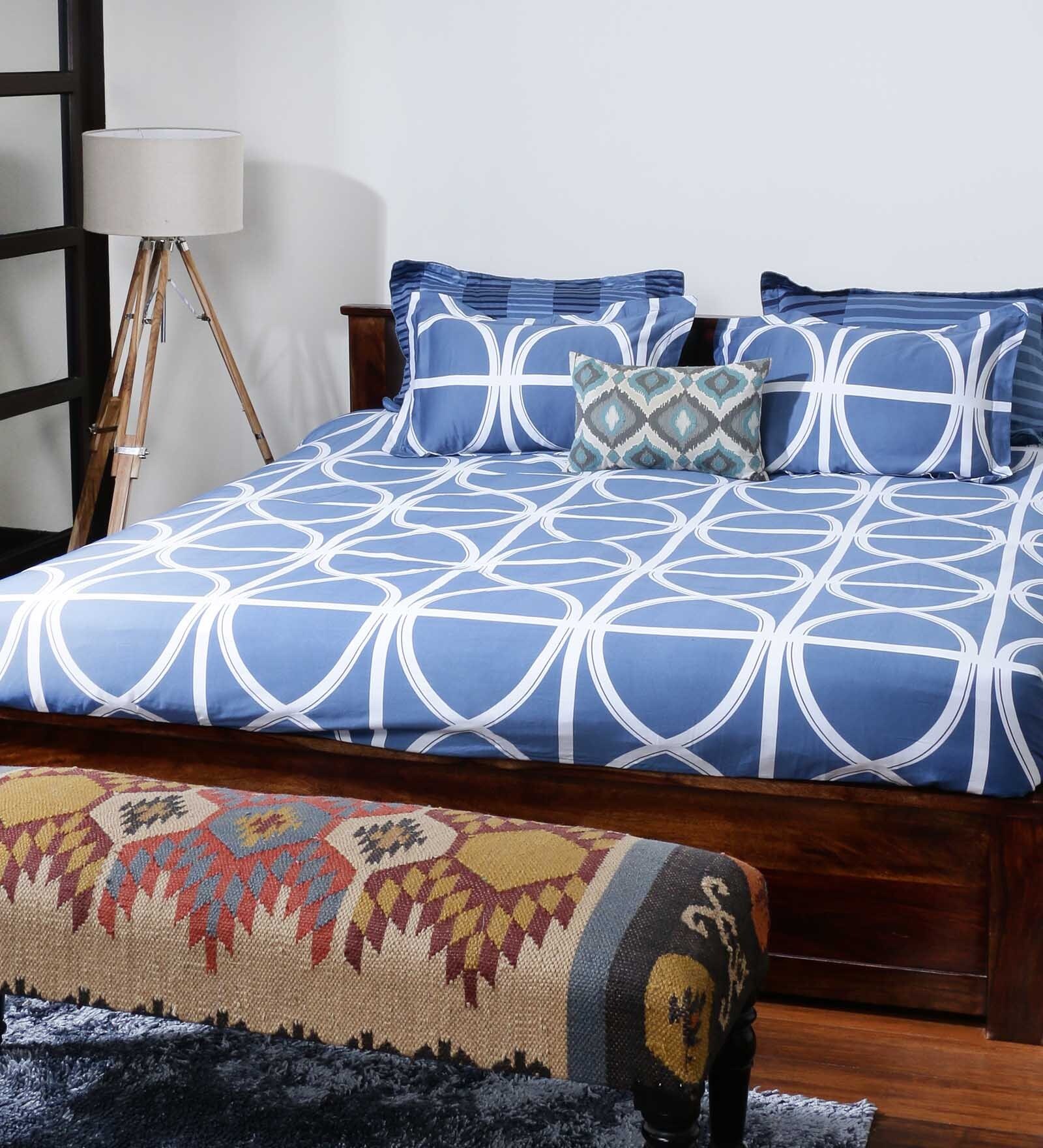 Buy Reverie Blue Cotton Solid Double Bed Sheet (with Pillow Covers) by ...