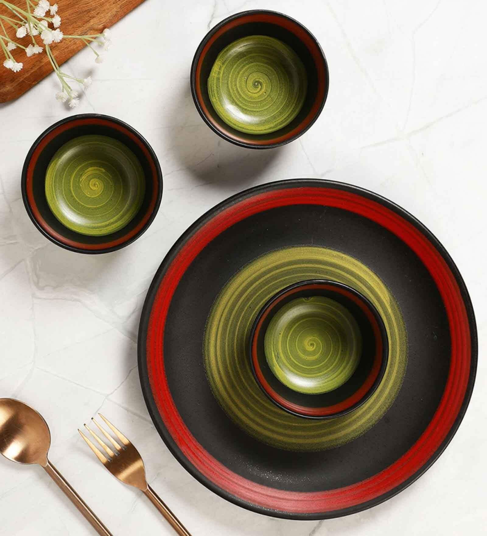 Buy Bottle Green with Maroon Ceramic 8 Pieces Dinner Set- Dinner Plates ...