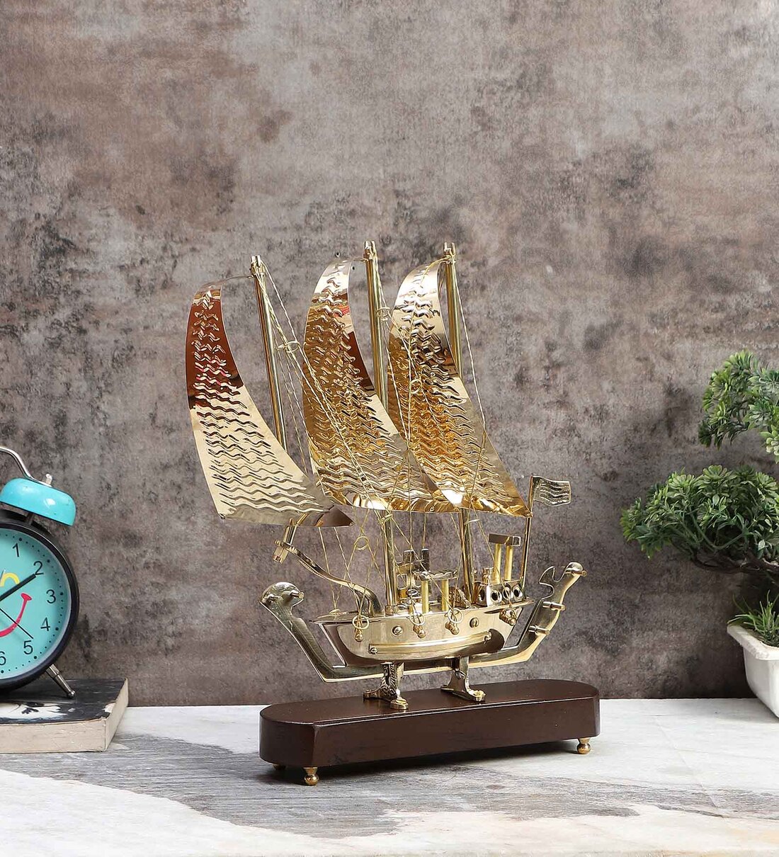 Buy Brass And Wood Handcrafted Vintage 3 Mast Sailing Ship Showpiece at ...