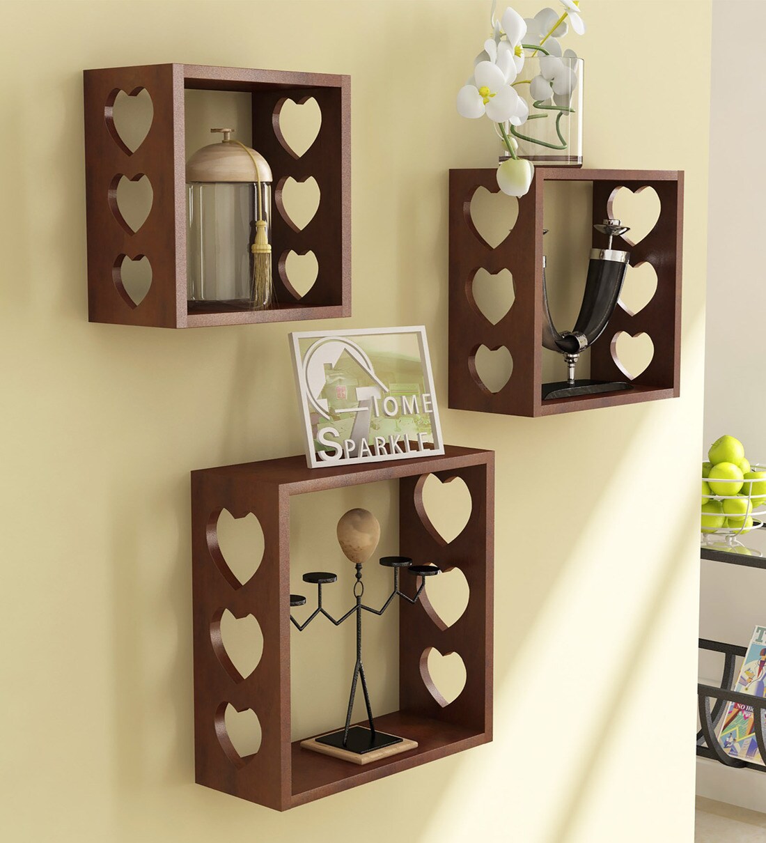 Buy Set of 3 Engineered Wood Cube Wall Shelf in Brown Colour by Home ...