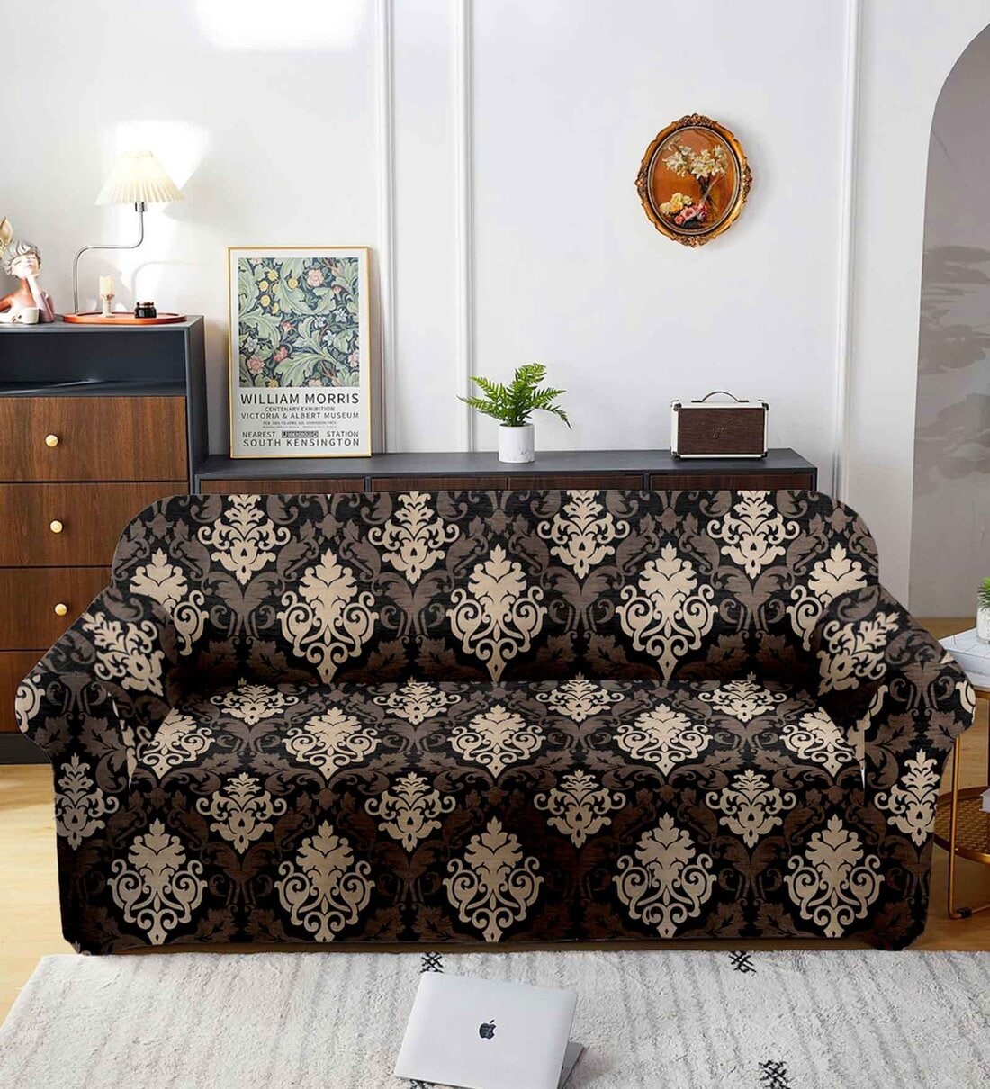 Buy Brown Ethnic motif Polyester 3 Seater Elastic Stretchable Sofa ...
