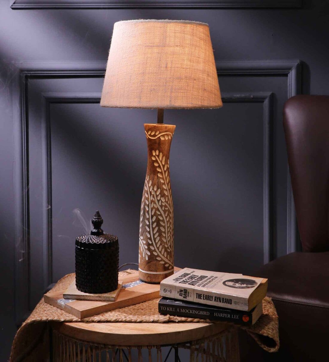 Buy Leaf Patterned E27 Holder Wooden Base Table Lamp (Brown Base) with ...