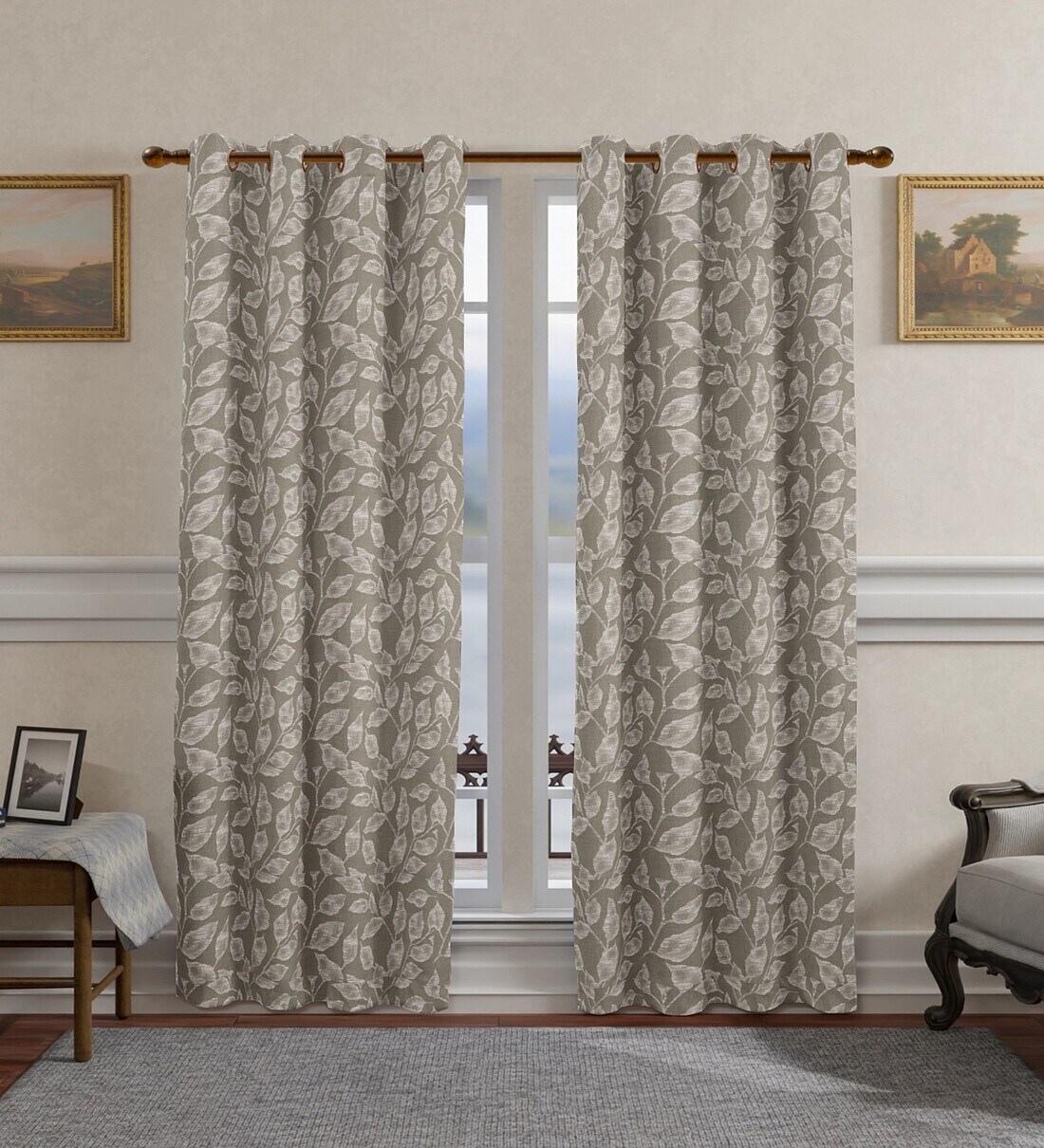 Buy Brown Poly Cotton Floral 5ft Semisheer Eyelet 2 Pc Window Curtains ...