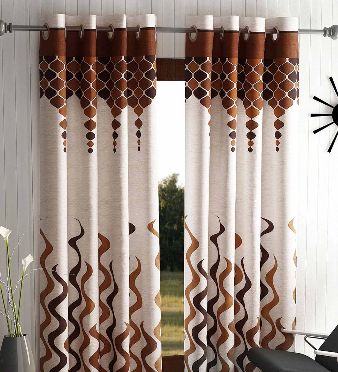Buy Brown Polyester Abstract 7ft Semisheer Eyelet Door Curtains (Pack ...