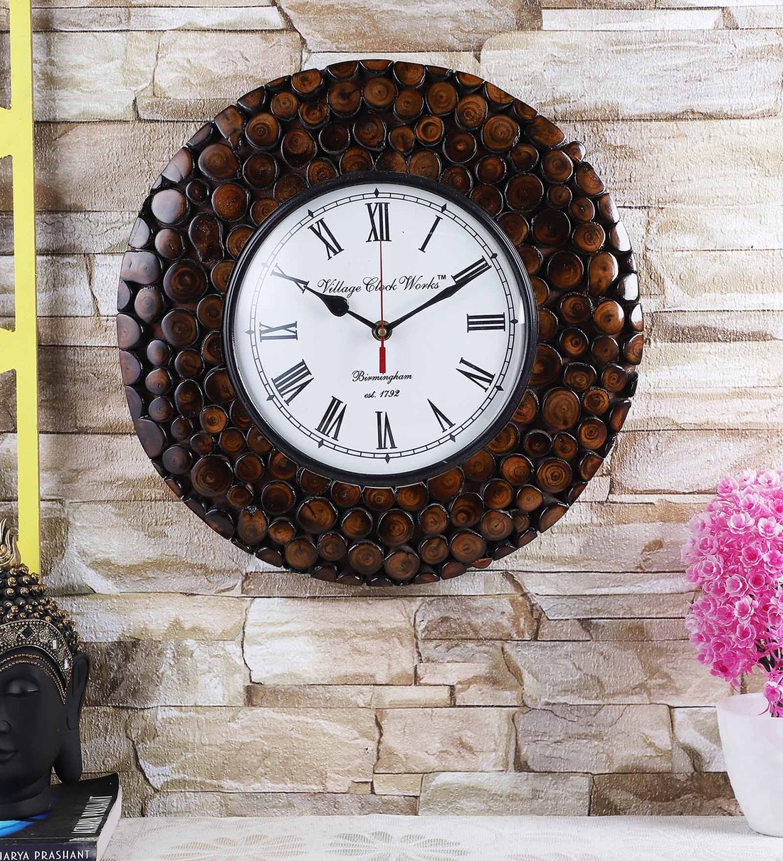 Buy Brown Wooden Chunk Embedded Analog Wall Clock by Exim Decor Online ...
